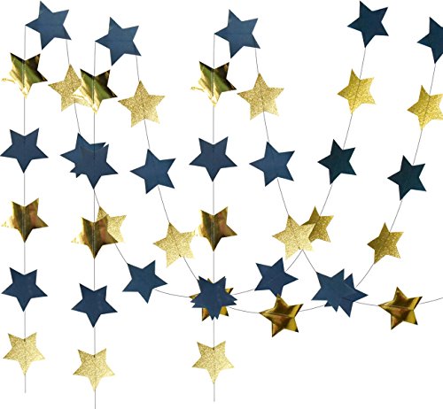 Furuix Outer Space Decorations Birthday Party Decorations 2pcs Navy Blue Glitter Gold Paper Star Garlands Star String for Baby Shower Decorations