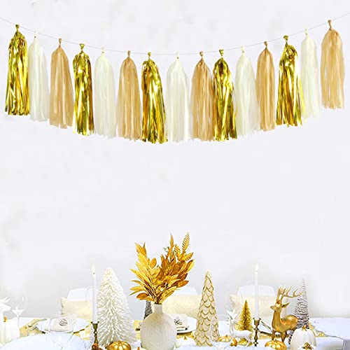 White Gold Champagne Party-Decorations Tassel-Garland -15pcs Christmas Wedding Engagement Tassels Banner Streamers Bachelorette Neutral Birthday Baby Bridal Shower Decor Panduola