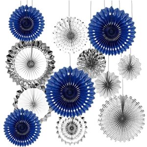 12pcs navy blue silver party paper fan hanging paper fan rosettes party garland for boy baby shower birthday bachelorette gender reveal graduation 2022 navy wedding bridal shower