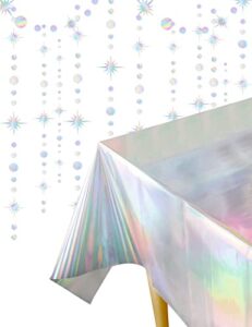 iridescence plastic table cloths for parties 2 pack disposable rectangle holographic foil party wedding christmas birthday party decorations with 2 pack star garland party decorations banner (laser)