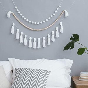 Dahey Wood Bead Garland with Tassels Banner Pom Pom Balls Garlands Decorative Wall Hanging for Boho Home Decor, Baby Shower, Nursey Room, Wedding, Birthday Christmas Party Decorations