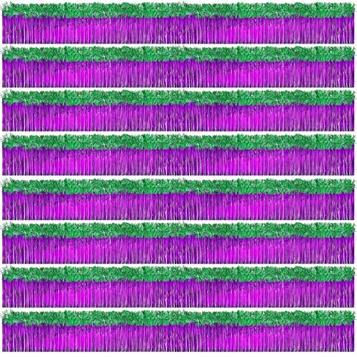 20 Pcs Mardi Gras Parade Float Decorations Including 8 Pcs 10 ft Metallic Foil Fringe Curtains 12 Pcs 6.5 ft Tinsel Garland for Carnival St. Patrick's Day Party Car Decorations (Purple, Green)