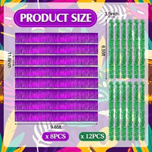 20 Pcs Mardi Gras Parade Float Decorations Including 8 Pcs 10 ft Metallic Foil Fringe Curtains 12 Pcs 6.5 ft Tinsel Garland for Carnival St. Patrick's Day Party Car Decorations (Purple, Green)