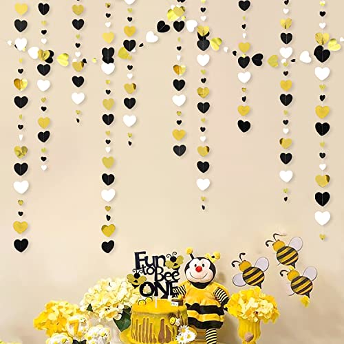 52Ft Black Gold White Love Heart Garland Hanging Paper Streamer Banner for Anniversary Bachelorette Engagement Wedding Bridal Baby Shower Birthday Mothers Day Valentines Day Party Decorations Supplies