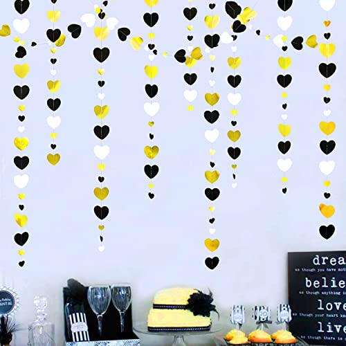 52Ft Black Gold White Love Heart Garland Hanging Paper Streamer Banner for Anniversary Bachelorette Engagement Wedding Bridal Baby Shower Birthday Mothers Day Valentines Day Party Decorations Supplies