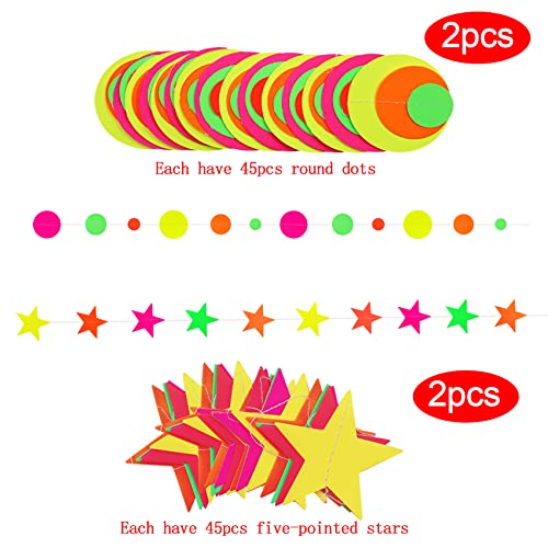 60Ft Neon Paper Garlands Circle Dots Stars Hanging Decorations Neon Party Supplies Set Glow in The Dark Party Supplies for Birthday Wedding Glow Party Decorations