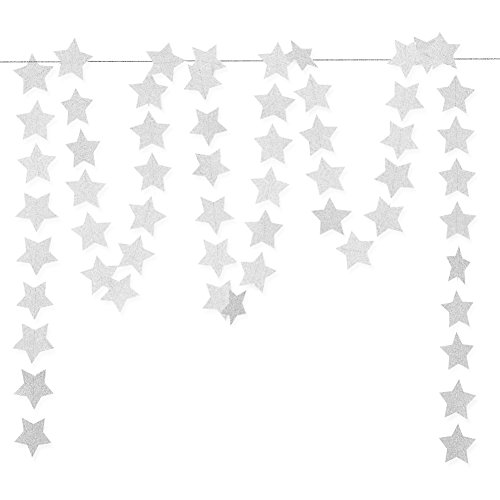 Glitter Silver Paper Star Hanging Garland - Twinkle Star Banner for Baby Shower Backdrop, Birthday Party Wall Decoration, 2.8", Totally 23 ft/7m