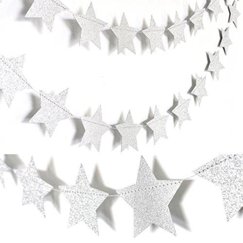 Glitter Silver Paper Star Hanging Garland - Twinkle Star Banner for Baby Shower Backdrop, Birthday Party Wall Decoration, 2.8", Totally 23 ft/7m