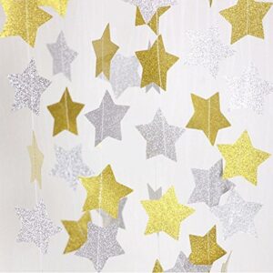 Glitter Silver Paper Star Hanging Garland - Twinkle Star Banner for Baby Shower Backdrop, Birthday Party Wall Decoration, 2.8", Totally 23 ft/7m