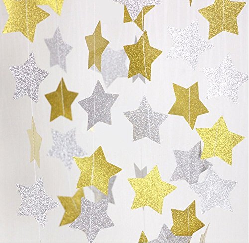 Glitter Silver Paper Star Hanging Garland - Twinkle Star Banner for Baby Shower Backdrop, Birthday Party Wall Decoration, 2.8", Totally 23 ft/7m