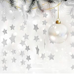 Glitter Silver Paper Star Hanging Garland - Twinkle Star Banner for Baby Shower Backdrop, Birthday Party Wall Decoration, 2.8", Totally 23 ft/7m