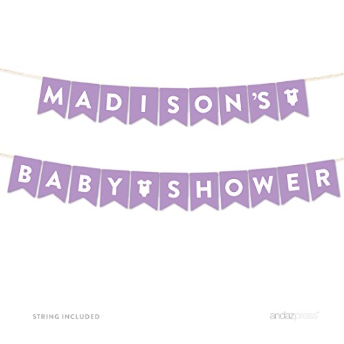 Andaz Press Personalized Girl Baby Shower Hanging Pennant Garland Party Banner with String, Lavender, Madison's Baby Shower, 8-feet, 1-Set, Custom Name