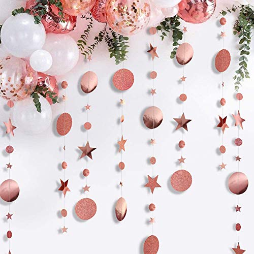 4Pcs Rose Gold Circle Dot Garland Streamer Kit, BetterJonny Party Decoration Glitter Paper Hanging Bunting Banner Background for Birthday Wedding Baby Shower