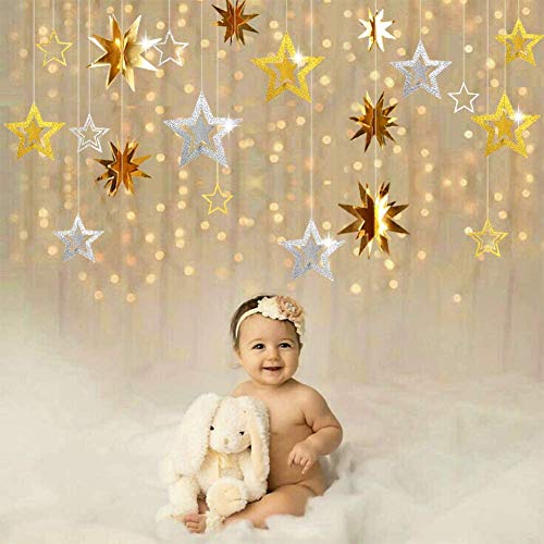 Decor365 Gold Silver Star Garland Decoration Hanging Stars on Wire Cutout Twinkle Little Star Decor Banner Backdrop Kids Birthday/Wedding/Baby Shower/Graduation/Christmas/New Year