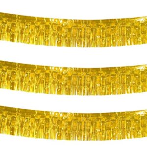 Blukey 10 Feet Long Roll Metallic Fringe Garland (Set of 3) Gold Tassel Foil Banner - Party Supplies for Parade Floats, Fiesta Backdrop, Patriotic Decorations, Wedding, Birthday (Gold)