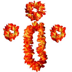 hawaiian leis hawaiian party luau party favors necklace bracelets headband 4 pcs set (orange)