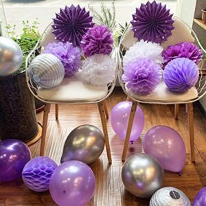 Purple Silver Birthday Decorations for Women Purple Silver Happy Birthday Balloons Latex Balloons Polka Dot Paper Fans/ Women's 30th/40th/50th/60th Birthday/Purple Birthday Decorations