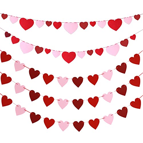 Felt Heart Garland Banner, 5 Sets Heart Valentines Day Decor, DIY Valentines Home Decorations, Anniversary, Wedding, Birthday Party Supplies - Red, Rose Red and Light Pink