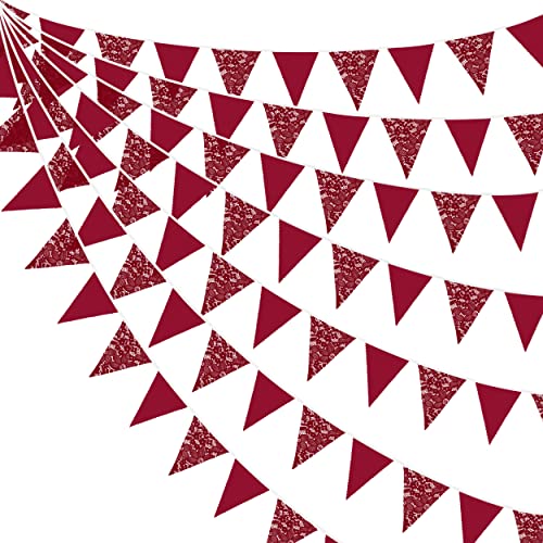 32Ft Burgundy Pennant Banner Red Wine Fabric Triangle Flag Maroon Lace Bunting Garland Streamers for Wedding Birthday Anniversary Bachelorette Baby Bridal Shower Engagement Hen Party Decorations