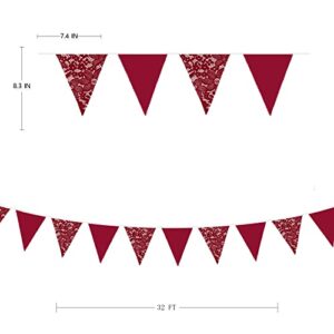 32Ft Burgundy Pennant Banner Red Wine Fabric Triangle Flag Maroon Lace Bunting Garland Streamers for Wedding Birthday Anniversary Bachelorette Baby Bridal Shower Engagement Hen Party Decorations