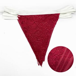 32Ft Burgundy Pennant Banner Red Wine Fabric Triangle Flag Maroon Lace Bunting Garland Streamers for Wedding Birthday Anniversary Bachelorette Baby Bridal Shower Engagement Hen Party Decorations