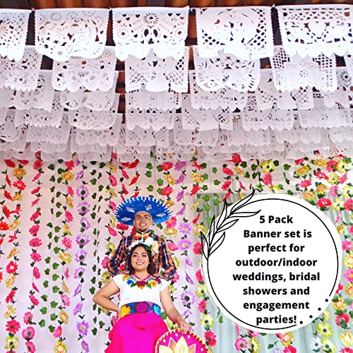 5 Pk Mexican Plastic Banners, 75 ft Long White Mexican Wedding Garlands, Perfect for Rehearsals, Bridal Shower, Photo Booth Backdrop, Engagement Party, Wedding Backdrop Banner B41