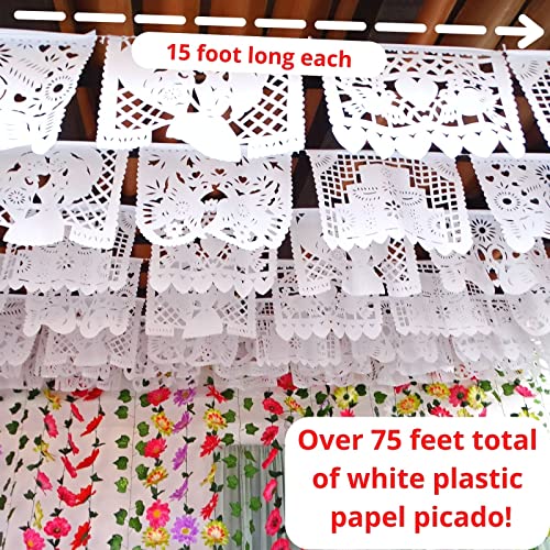 5 Pk Mexican Plastic Banners, 75 ft Long White Mexican Wedding Garlands, Perfect for Rehearsals, Bridal Shower, Photo Booth Backdrop, Engagement Party, Wedding Backdrop Banner B41