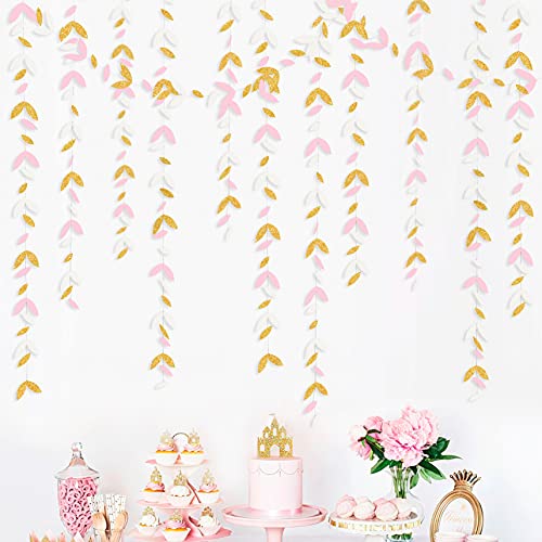 52 Ft Pink and Gold Party Decorations White Blush Gold Leaf Garland Paper Hanging Leaves Streamer Banner for Birthday Bachelorette Engagement Anniversary Wedding Bridal Baby Shower Hen Party Supplies