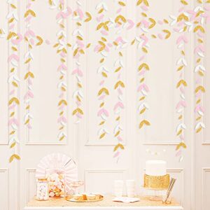 52 Ft Pink and Gold Party Decorations White Blush Gold Leaf Garland Paper Hanging Leaves Streamer Banner for Birthday Bachelorette Engagement Anniversary Wedding Bridal Baby Shower Hen Party Supplies