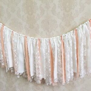 White Lace Flower and Pink White Ribbon Shabby Chic Garland Rag Tie Banner Bunting Wedding Party Garland Background