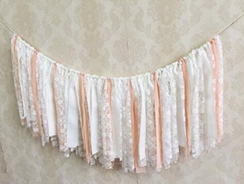 White Lace Flower and Pink White Ribbon Shabby Chic Garland Rag Tie Banner Bunting Wedding Party Garland Background