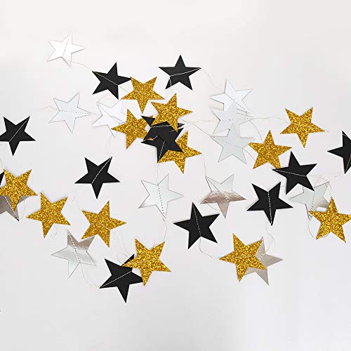 Glitter Gold Black Star Garland kit for Party Decoration Silver Hanging Twinkle Star String/Banner/Streamers/Backdrop/Background for Classroom/Birthday/Wedding/Graduation/New Year/Dance Recital