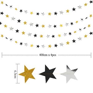 Glitter Gold Black Star Garland kit for Party Decoration Silver Hanging Twinkle Star String/Banner/Streamers/Backdrop/Background for Classroom/Birthday/Wedding/Graduation/New Year/Dance Recital