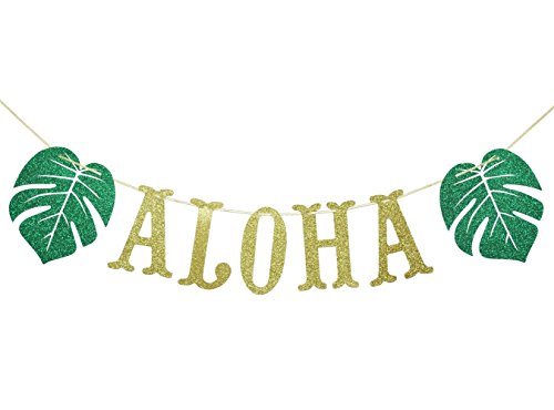 Hawaiian Aloha Banner Decorations with Palm Leaves Garland for Hawaiian Tropical Luau Beach Summer Party Supplies Decor Favors Bunting Photo Booth Props Sign (Gold & Green Glittery)