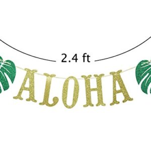 Hawaiian Aloha Banner Decorations with Palm Leaves Garland for Hawaiian Tropical Luau Beach Summer Party Supplies Decor Favors Bunting Photo Booth Props Sign (Gold & Green Glittery)