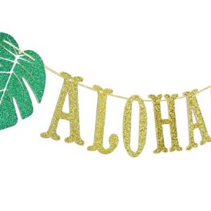 Hawaiian Aloha Banner Decorations with Palm Leaves Garland for Hawaiian Tropical Luau Beach Summer Party Supplies Decor Favors Bunting Photo Booth Props Sign (Gold & Green Glittery)