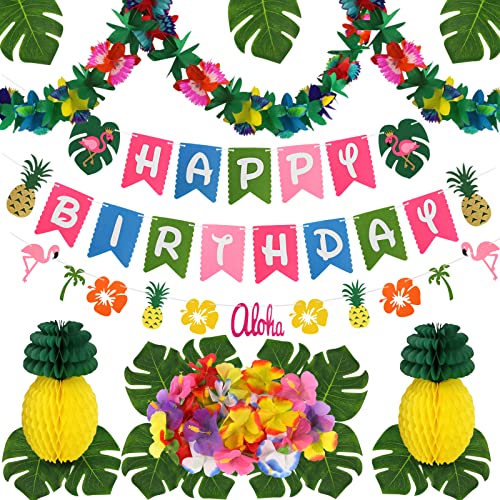 Hawaiian Party Decorations, Luau Birthday Party Decorations with Tropical Birthday Banner Palm Leaves Hibiscus Flowers Paper Pineapples Flamingo and Pineapple Garland for Summer Beach Moana Party