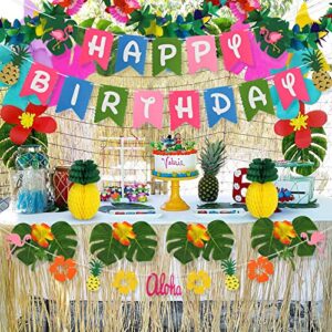 Hawaiian Party Decorations, Luau Birthday Party Decorations with Tropical Birthday Banner Palm Leaves Hibiscus Flowers Paper Pineapples Flamingo and Pineapple Garland for Summer Beach Moana Party