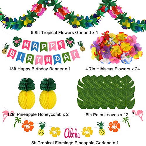 Hawaiian Party Decorations, Luau Birthday Party Decorations with Tropical Birthday Banner Palm Leaves Hibiscus Flowers Paper Pineapples Flamingo and Pineapple Garland for Summer Beach Moana Party