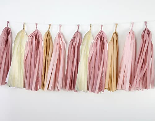 15 Pcs DIY Dusty Pink Tan Brown Nude Cream Tissue Paper Tassel Garland Party Streamer for Boho Rainbow Baby Shower Girls Birthday Bridal Shower Backdrop Nursery Garden Hanging Decoration