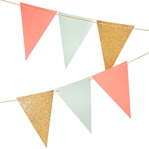 Paper Banner Flags Triangle Banner Flags For Wall Decor, Wedding Garland, Birthday Party, Baby Shower,Gold Glitter+Coral Pink+Mint Green,15 Pcs