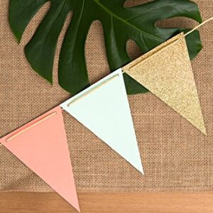 Paper Banner Flags Triangle Banner Flags For Wall Decor, Wedding Garland, Birthday Party, Baby Shower,Gold Glitter+Coral Pink+Mint Green,15 Pcs