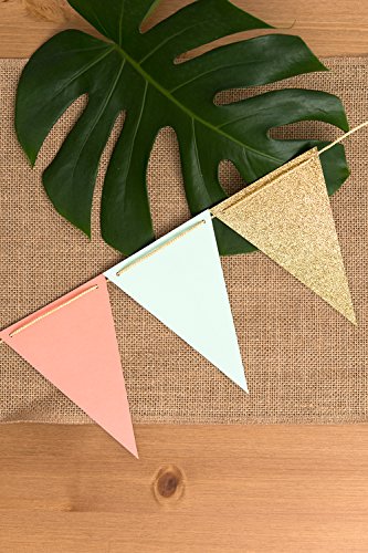 Paper Banner Flags Triangle Banner Flags For Wall Decor, Wedding Garland, Birthday Party, Baby Shower,Gold Glitter+Coral Pink+Mint Green,15 Pcs