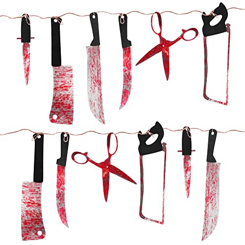 7.5 ft Long Paper Bloody Splatter Halloween Horror Scary Metallic Butcher Knife Chainsaw Weapon Killer Tools Garland Party Decoration Haunted House Banner