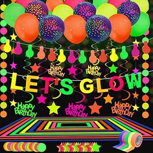 Glow Party Supplies and Decorations, 127.9ft Neon Party Decorations with Banner UV Blacklight Reactive Tape Swirls Hanging Garlands Fluorescent Balloons for Glow in The Dark Party Decorations