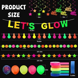 Glow Party Supplies and Decorations, 127.9ft Neon Party Decorations with Banner UV Blacklight Reactive Tape Swirls Hanging Garlands Fluorescent Balloons for Glow in The Dark Party Decorations