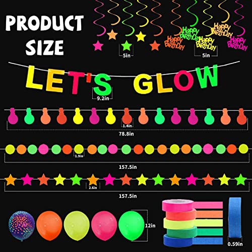 Glow Party Supplies and Decorations, 127.9ft Neon Party Decorations with Banner UV Blacklight Reactive Tape Swirls Hanging Garlands Fluorescent Balloons for Glow in The Dark Party Decorations