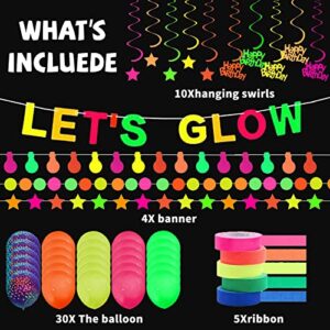 Glow Party Supplies and Decorations, 127.9ft Neon Party Decorations with Banner UV Blacklight Reactive Tape Swirls Hanging Garlands Fluorescent Balloons for Glow in The Dark Party Decorations