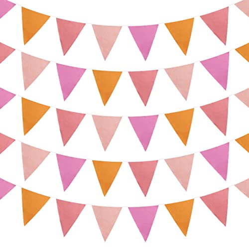 Zwiebeco 39Ft Orange Pink Fabric Bunting Banner Triangle Flags Party Decorations Hanging Cotton Garland Pennant for Engagement Wedding Baby Shower Birthday Festivals Nursery Home Outdoor Garden Decor