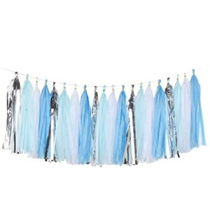 qyeaber 20 pcs diy paper tassel tinsel foil tassel party garland, silver/white/ blue , fringe garland banner for wedding, valentine’s day, baby shower,birthday, graduation, event & party decorations